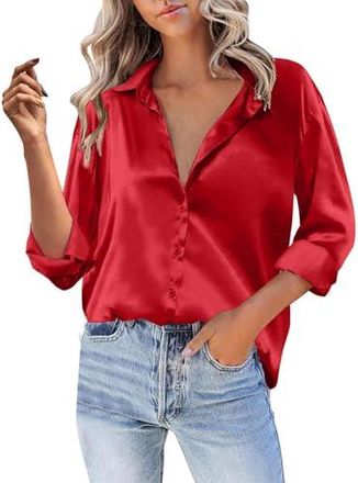 Generic Chemisier en satin pour femme - Manches longues - Col en V - Boutonn&eacute; - &Eacute;l&eacute;gant - D&eacute;contract&eacute; - Pour le bureau - Travail - Sortie - Hauts, Rouge, L