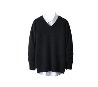 Generic Pull en cachemire à col en V pour homme - Pull dhiver épais et solide - En tricot ample - Pour les affaires et les loisirs - Pull à manches longues, N