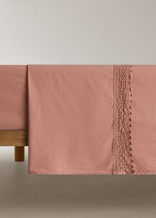 Mango Drap plat percale de coton lavé dentelle lit 150/160 cm marron moyen - Home - Lit 150/160 cm - MANGO HOME