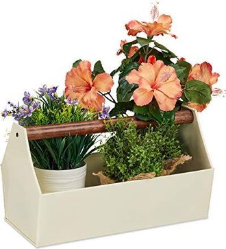 Relaxdays Blumenkasten, Holzgriff, Blumen, Pflanzen & Kr&auml;uter, Deko Werkzeugkasten, Eisen, HxBxT 20 x 36 x 20 cm, Creme