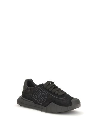 Dolce & Gabbana Womens Leather And Lace Sneakers Nero-Nero Nero/nero