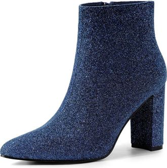 Allegra K Damen Glitzer Spitze Zehe Chunky Heel Stiefeletten, marineblau, 37 EU