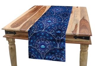 Abakuhaus Ethnisch Tischläufer, Oriental Kreisauslegung, Esszimmer Küche Rechteckiger Dekorativer Tischläufer, 40 x 180 cm, Marineblau Weiß Blau