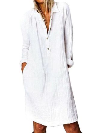 ORANDESIGNE Sommerkleid Leinen Kleider Damen Lang Blusen Casual Baumwoll und Leinen Langarm Kleid Halbarm Kleid mit Taschen Hemdkleid C Wei&szlig; 38