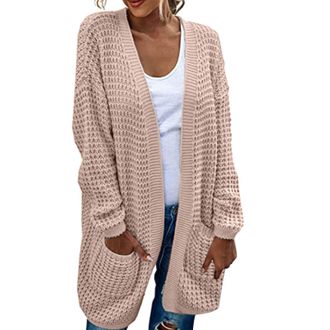 Lazzboy Strickjacke Damen Lang Open Front Grobstrick Strick Cardigan Langarm Strickjacken Mit Kn&ouml;pfe Und Taschen Grobstrickjacke Winter Herbst Knit Offener St