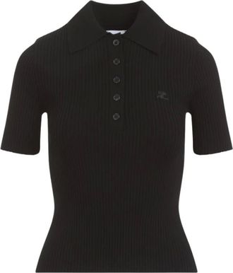 Courr&egrave;ges Polo en maille c&ocirc;tel&eacute;e - Femme - Tops - Noir - Taille: 36 FR