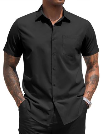 Coofandy Hemd Herren Kurzarm Sommerhemd Regular Fit Business Hemden für Herren Freizeithemd Kurzarmhemd mit Brusttasche Herrenhemd Kurzarm Schwarz M