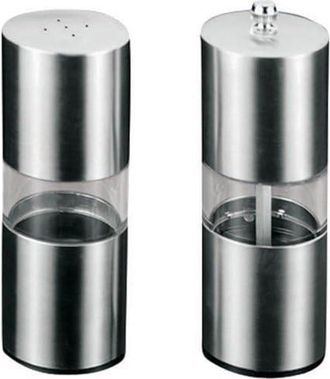 Metaltex 2er Set Salzstreuer und Gewürzmühle aus Edelstahl mit Sichtfenster, Keramikmahlwerk, Silber