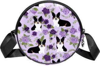 Generic Sac &agrave; bandouli&egrave;re Circle pour femme, petit sac &agrave; bandouli&egrave;re Corgi violet avec fermeture &eacute;clair, bretelles r&eacute;glables, sac &agrave; main rond d&eacute;contract&eacute; pour