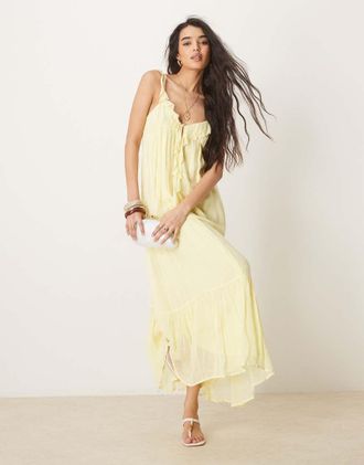 Asos Maxikleid in Zitronengelb mit Rüschen vorne-Bunt