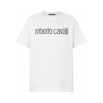 Roberto Cavalli Homme, Tops, Blanc, Taille: XL T-shirt en Coton avec Logo Vintage