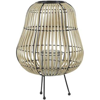 Beliani Lanterne D&eacute;corative Boho en Bois de Saule Clair 44 cm de Hauteur sur Tr&eacute;pied Noir Design pour Int&eacute;rieur et Ext&eacute;rieur Boh&egrave;me et Rustique Beliani