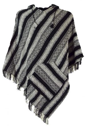 Guru Shop Poncho Hippie Chic, Andenponcho mit Fransen - Schwarz, Herren/Damen, Baumwolle