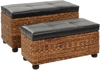 Les Tendances Banquette coffre capitonné jacinthe deau et similicuir noir pieds bois massif foncé Kiva - Lot de 2