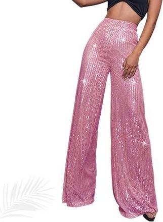 Generic Pantalon palazzo taille haute &agrave; paillettes pour femme - Pantalon de f&ecirc;te scintillant, rose, 4XL