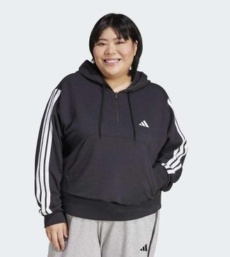 adidas Essentials - Sweat &agrave; capuche en tissu &eacute;ponge avec col zipp&eacute; et 3 bandes (grande taille) - Noir/blanc