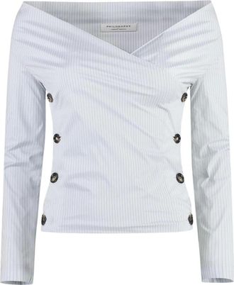 Philosophy di Lorenzo Serafini Femme, Blouses et Chemises, Bleu, Taille: 40 FR Haut Ray&eacute; &agrave; &Eacute;paules D&eacute;nud&eacute;es