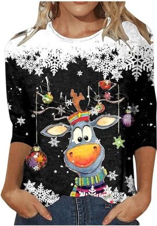 Generic Tee Shirt Noel Femme, Col Rond Chemisier Manches 3/4 Imprim&eacute; De No&euml;l T Shirt Comfortable Pull No&euml;l Femme Chic Basique Chemises De No&euml;l Grande Taille T