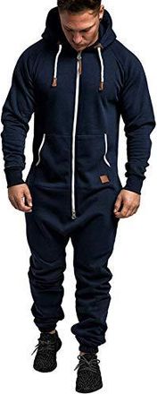 Onsoyours Pyjama Une Pièce Hommes Combinaison Onesie Pyjama à Glissière Encapuchonné Poche Cordon Barboteuses Combinaison Longue Automne Hiver A Marine M