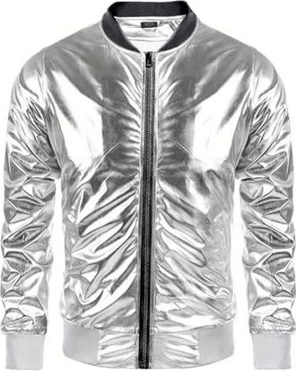 Generic Blouson Baseball Homme &agrave; Paillettes M&eacute;talliques Brillant Style Disco Ann&eacute;es 70 Veste Bomber D&eacute;contract&eacute;e pour F&ecirc;te, Danse, Discoth&egrave;que - Fermeture &Eacute;cl