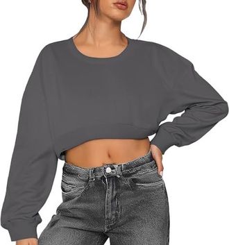 Generic Haut court &agrave; manches longues pour femme - Haut de sport confortable et doux - Grande taille - Pull d&eacute;contract&eacute; confortable &agrave; col rond - Sweat-shirt co