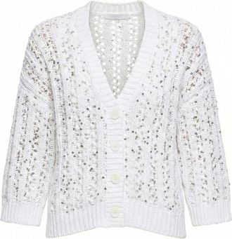PESERICO Femme, Pulls, Blanc, Taille: 42 FR Cardigan en maille ajour&eacute;e rehauss&eacute; de sequins