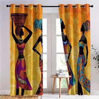Generic Gardinen H215 x B110 cm (2er Pack) Verdunkelungsvorh&auml;nge mit &Ouml;sen Aufdruck Mit Frau Im Afrikanischen Stil Muster Superweich Vorh&auml;nge Blickdicht Gardin