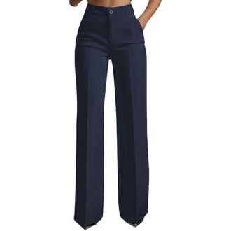 Generic Pantalon de costume simple taille haute pour femme, pantalon de travail d&eacute;contract&eacute; taille haute, bleu marine, XXL