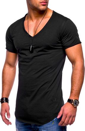 Rello & Reese Herren T-Shirt Kurzarm Basic Oversize V-Neck MT-7102 [Schwarz, XXL]