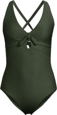 Lands End Gerippter Badeanzug mit Schnürung am Rücken, hohes Bein, Damen, Größe:48 regular, Grün, Elasthan/Nylon-Mischung, by Lands End