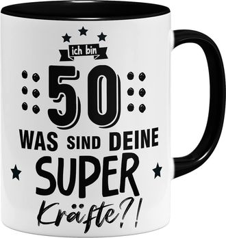 OM3 Geschenk Tasse zum 50. Geburtstag - ich Bin 50 was sind Deine Superkräfte? - Keramik Becher - 11oz 325ml - Beidseitig Bedruckt - Schwarz