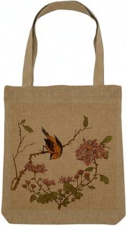 Fabulous Sac Shopping Tote Bag Aspect Lin - Oiseau sur une Branche Estampe Motif Floral Petales Japonais Tissu - Sac de Courses Toile Epaisse 360g Beige Nature