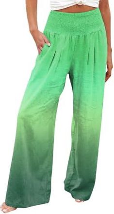 Generic Pantalon en coton et lin pour femme - Jambe large - Pantalon de plage d&eacute;t&eacute; pour femme - Confortable - Pantalon de yoga Palazzo XIYU26081, Vert, XXL