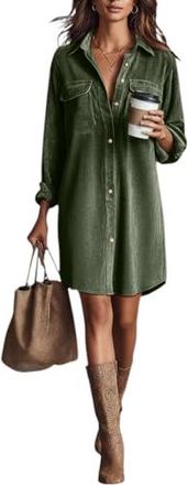 Minetom Robe Chemise en Velours C&ocirc;tel&eacute; Femme Automne Hiver D&eacute;contract&eacute;e Manches Longues Robes avec Boutons Poches A Vert XXL