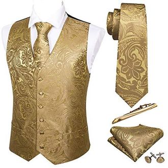 Barry.Wang Ensemble de gilet formel pour homme motif paisley cravate mouchoir boutons de manchette pince costume gilet designer 5 pi&egrave;ces, A Gold, L
