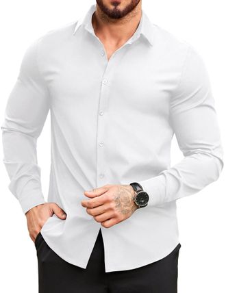 Coofandy Herren Hemd Langarm Regular fit Herrenhemden Freizeithemden Bügelleichtes Businesshemd Anzug Hemd Weiß XXL