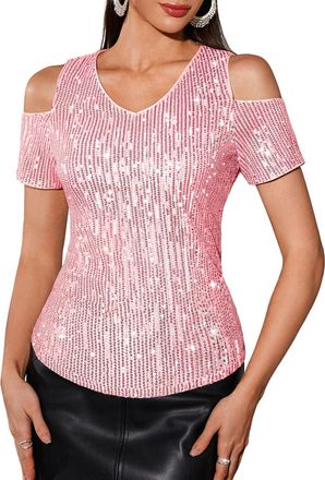 Dresstells Pailletten Oberteil Damen Rosa Glitzer Bluse Damenbluse Elegant Festliche Karneval Party Disco Outfit Pink XL