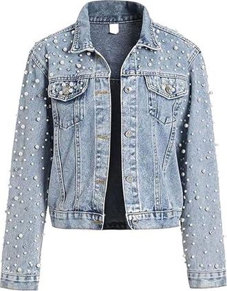 Generic Veste courte en jean pour femme avec perles et strass, bleu clair, 5XL