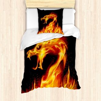 Abakuhaus Drachen Bettbezug Set, Zusammenfassung Fiery Creature, Milbensicher Allergiker geeignet mit Kissenbezügen, 135 cm x 200 cm - 80 x 80 cm,Orange Schwarz