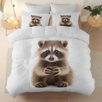 Generic Bettw&auml;sche Set Wei&szlig; Hd Fotografie Niedlich Tier Waschb&auml;r Weich Bettbezug, 3teilig - 1 Bettw&auml;sche 200 x 200 cm und 2 Kissenbezug f&uuml;r Jugendliche Kinder