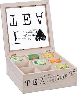 Relaxdays Teebox, 9 F&auml;cher, HBT: 9 x 25 x 25 cm, Tee & Kaffeepads, MDF & Acryl, Teebeh&auml;lter mit Deckel, natur/schwarz