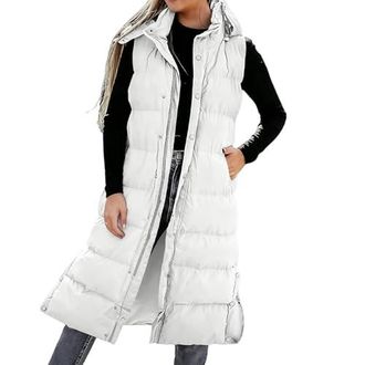 Generic Gilet bouffant long pour femme, capuche matelass&eacute;e et fermeture &agrave; boutons, veste longue sans manches pour lhiver chaud, blanc, 5XL