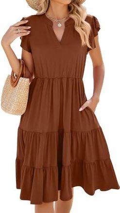 Generic Robe patchwork ample &agrave; manches courtes pour femme Printemps/&eacute;t&eacute; de couleur unie avec poches, marron, XXL