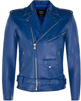 Infinity Leather Blouson Motard Brando en Cuir Bleu pour Homme Blouson en Peau de Vache Rétro Rock 3XL