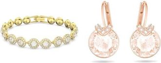 Swarovski Bracelet Angelic femme, en métal doré arborant une rangée de cristaux incolores ronds, taille M & Pendants doreilles Bella V, Coupe ronde, Ton doré, P
