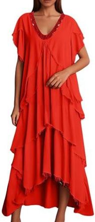 Generic Robe amincissante en lin pour femme - Manches courtes - Col en V - Grande taille - D&eacute;contract&eacute;e - Longue plage, rouge past&egrave;que, 3XL