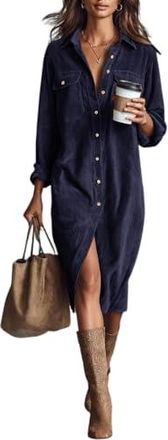Minetom Robe Chemise en Velours C&ocirc;tel&eacute; Femme Automne Hiver D&eacute;contract&eacute;e Manches Longues Robes avec Boutons Poches A Bleu L