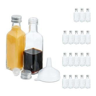 Relaxdays kleine Flaschen, 20er Set, 100 ml, Glasflaschen zum Bef&uuml;llen, Schraubverschluss & Korken, transparent/silber
