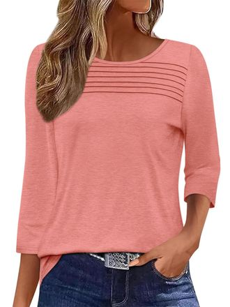 Onsoyours Shirt Damen 3/4 Arm Falten Rundhals Tshirt Leichte Pullover Sommer Herbst Oberteile Casual Tops Basic Shirt A Koralle XXL