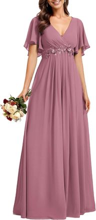 Ever-pretty Damen Abendkleid Lang Elegant f&uuml;r Hochzeit Appliziertes V-Ausschnitt A-Linie Ballkleider Chiffon Brautjungferkleider Orchidee 56